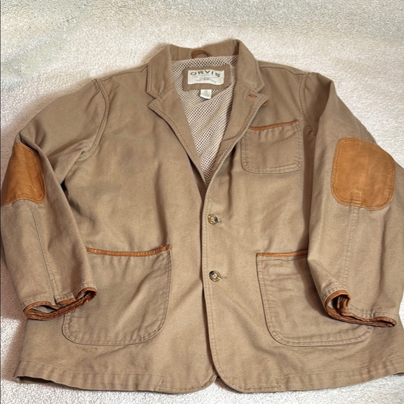 Orvis | Jackets & Coats | Orvis Jacket Khaki Canvas Leather Trim Safari ...